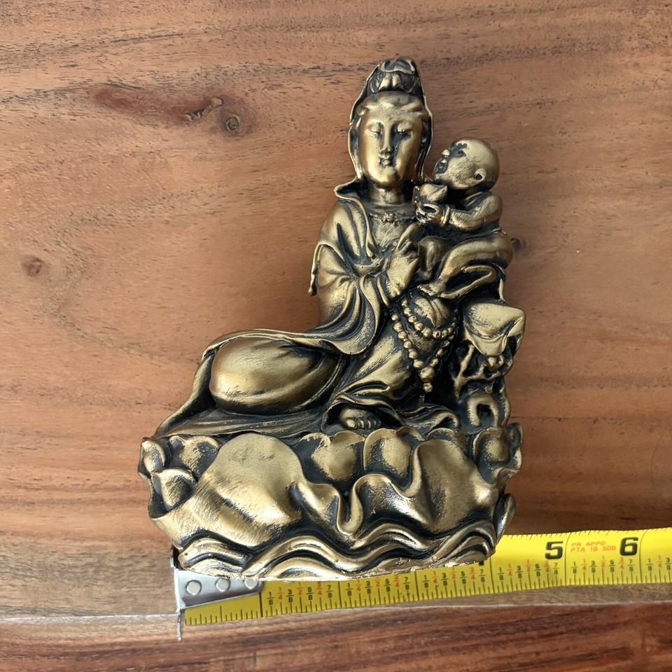 Antique Guanyin Bodhisattva With Baby Buddha Statue Copper Guilded Old ...