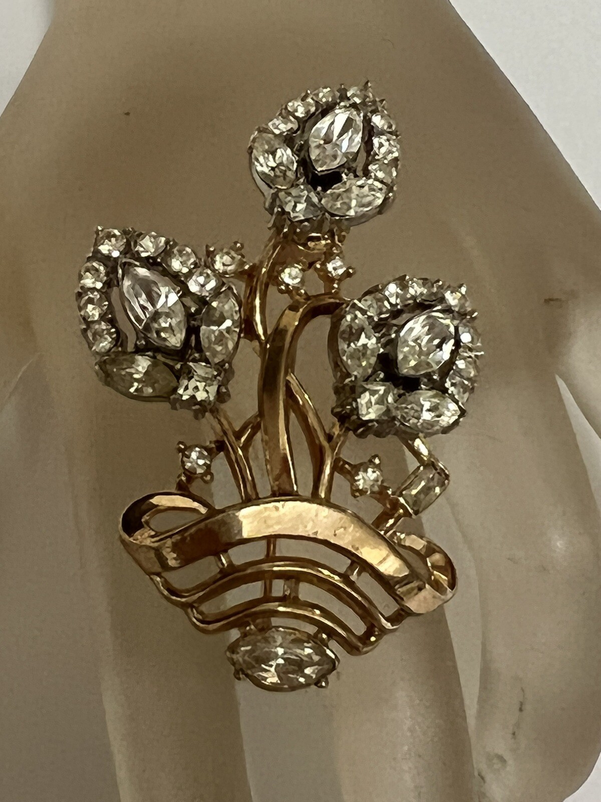 Trifari Pat.Pend Rhinestone Two Tone Gold Plated Brooch Pin Flower Pot ...