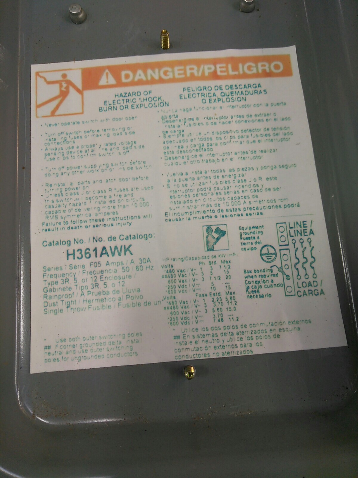 SQUARE D H361AWK F05 Switch DISCONNECT 600VA ,30A , 3PH, FUSIBLE(B5E13 ...