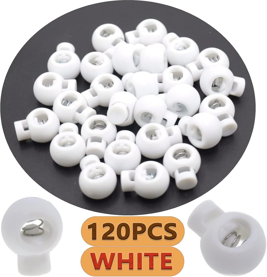 120pcs White Plastic Single Hole Cord Locks, Round Toggle Spring Clips ...