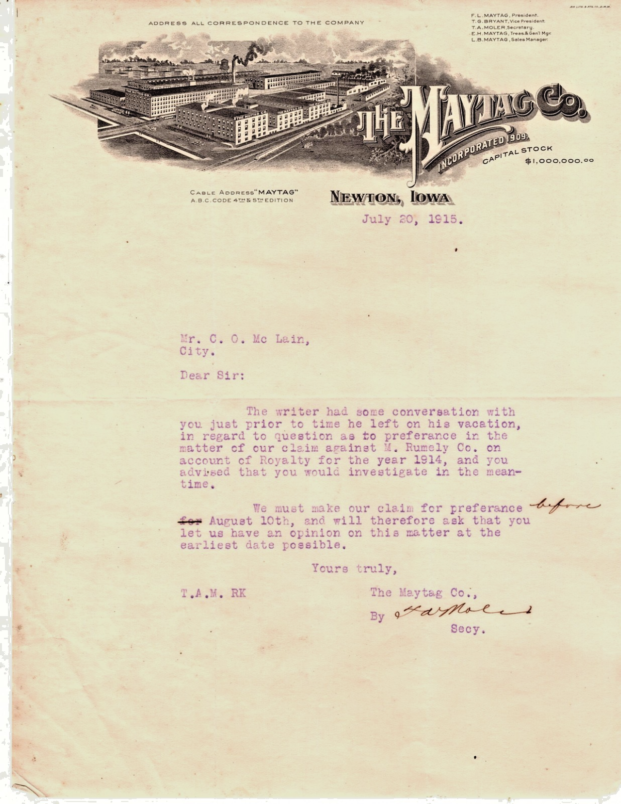 1915 Maytag Company Letterhead Newton Iowa Hand Signed by T A Moler | eBay