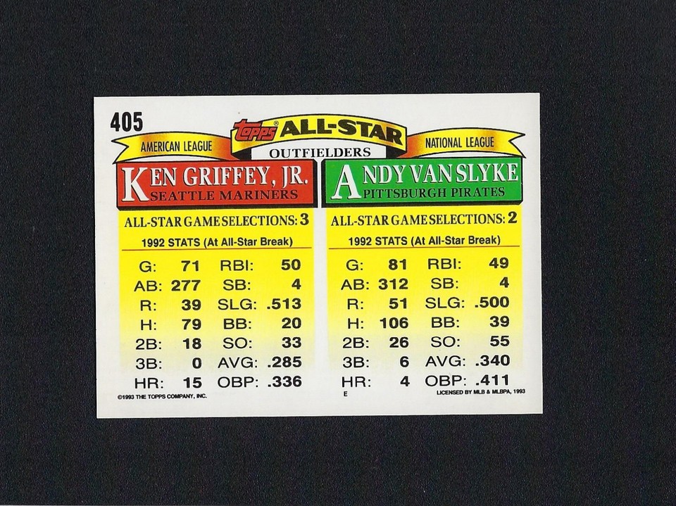 1993 Topps All Stars #405 KEN GRIFFEY Jr. Mariners / ANDY VAN SLYKE ...