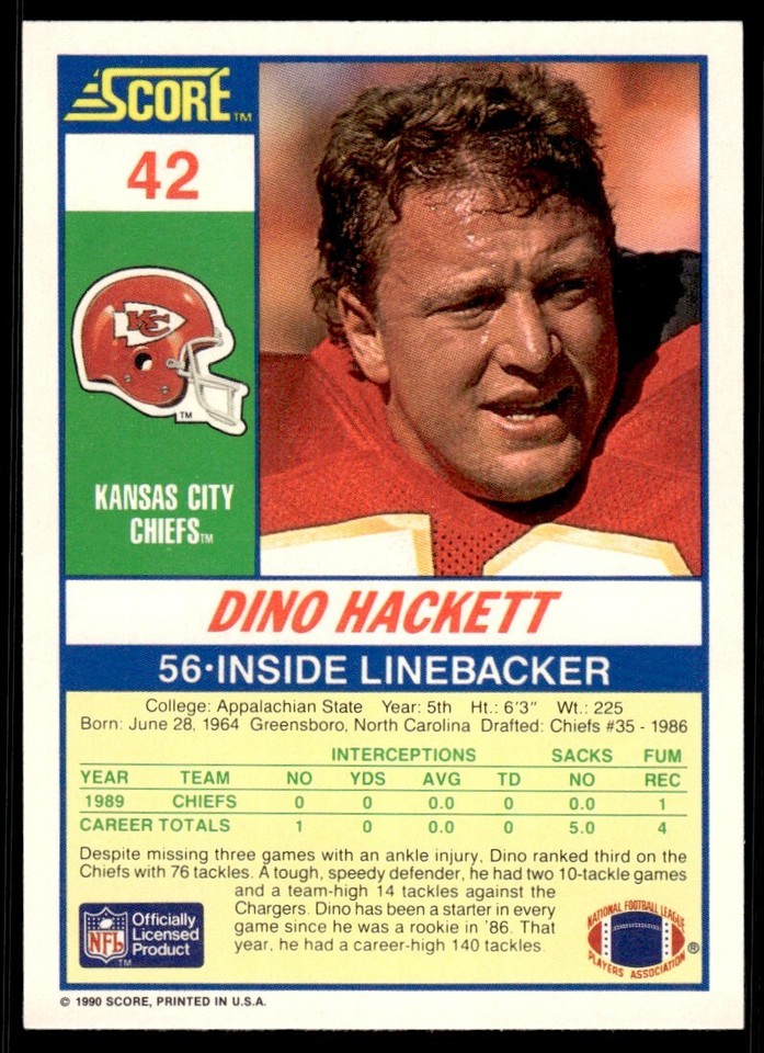 1990 Score Football Card Dino Hackett Kansas City Chiefs #42 | eBay