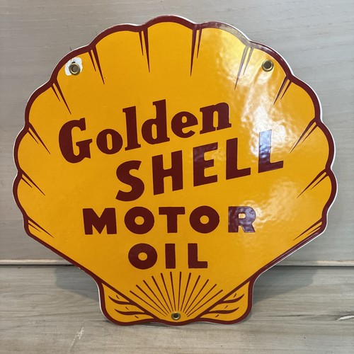 VINTAGE GOLDEN SHELL MOTOR OIL PORCELAIN SIGN GENERAL STORE GAS STATION ...