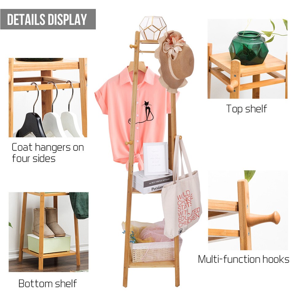 Tall Bedroom Entryway Hall Tree Coat Rack Stand Stable Shelf with 8 ...