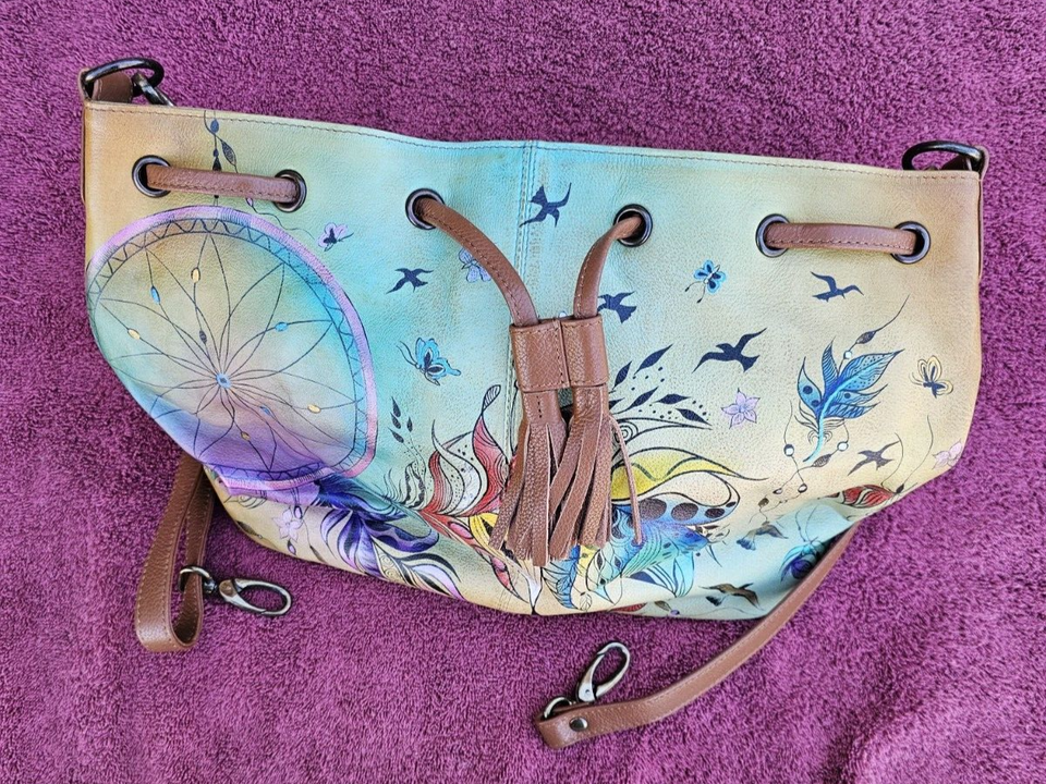 Anuschka Hand Painted Leather Sweet Dreams Drawstring Shoulder Bag ...