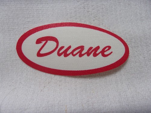 DUANE USED ALL SILK SCREEN SEW / IRON ON NAME PATCH TAGS OVAL RED ON ...