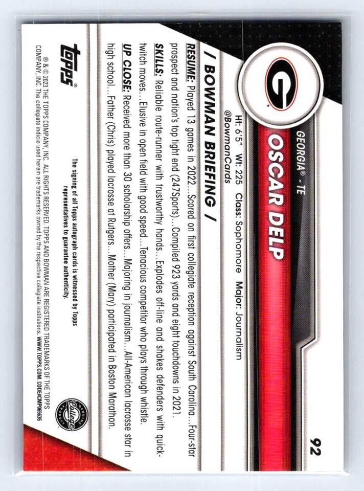 2023 Bowman University Chrome #92 Oscar Delp 1st Bowman Autograph ...