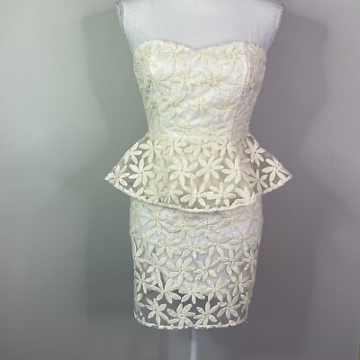 Pins and Needles Mini Dress Strapless Cream Peplum Womens Size 0 Floral ...