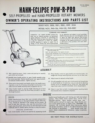 Pow-R-Pro Self Propelled Mower Hahn Eclipse Lawn Operating Manual Parts ...