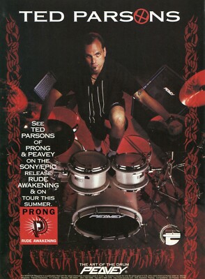 1996 Print Ad of Peavey Radial Bridge Drum Kit w Ted Parsons of Prong ...