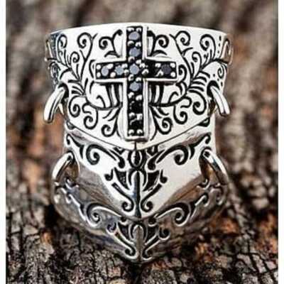 Black Cross 925 Sterling Silver Medieval Armor Shield Rocker Ring ...
