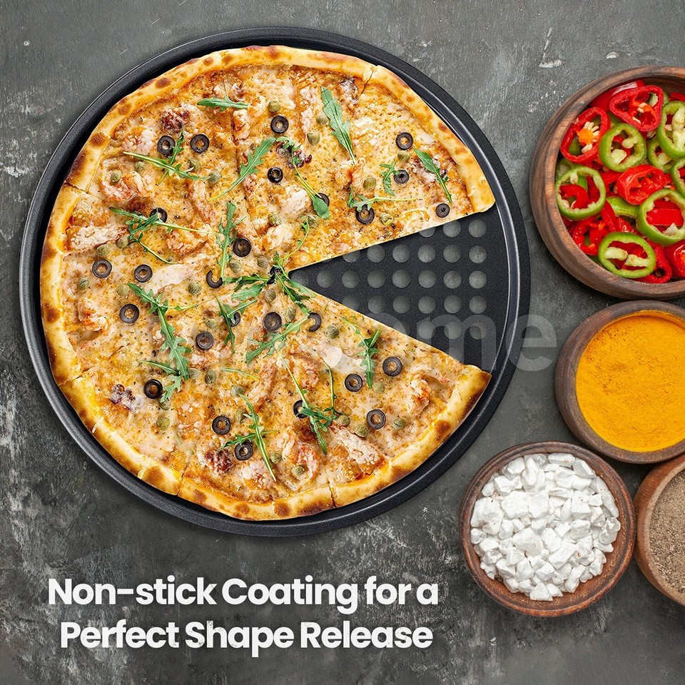 2 x Large Pizza Oven Baking Tray Pizza Pan Non Stick Baking Dish Carbon ...