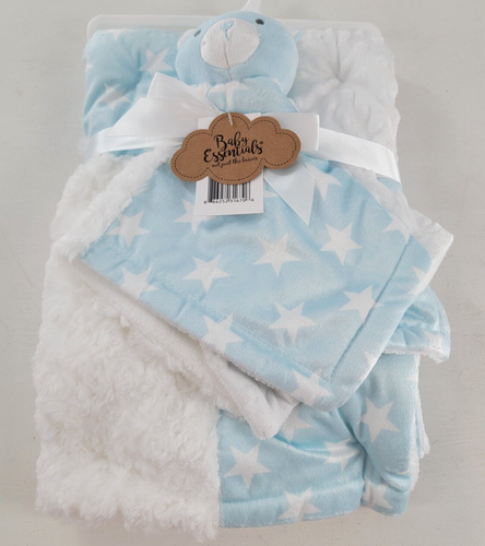 Baby Essentials Plush Blue & White 30x30" Blanket & 15x15" Bear ...