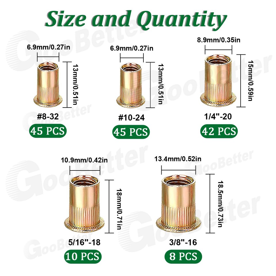 150pcs Rivet Nut Kit Rivnut Nutsert Set #8-32 #10-24 1/4-20 5/16-18 3/8 ...