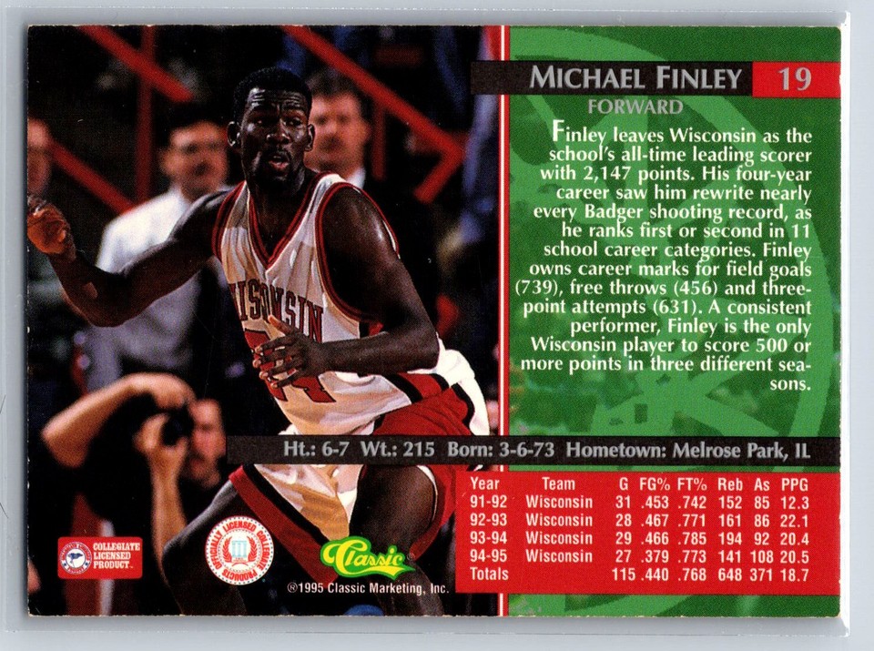 1995 Classic #19 Michael Finley Wisconsin Badgers | eBay