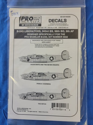1/48 MONOGRAM PRO MODELER DECALS B-24D 343rd BS, 98th BG, 9th AF OOP ...