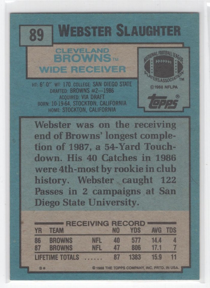 1988 Topps Webster Slaughter Rookie Cleveland Browns #89 | eBay