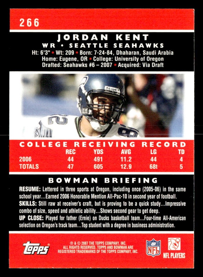 Jordan Kent 2007 Bowman Rookie Card #266 Seattle Seahawks | eBay