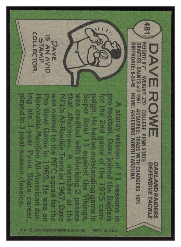1978 Topps #481 Dave Rowe - Oakland Raiders | eBay