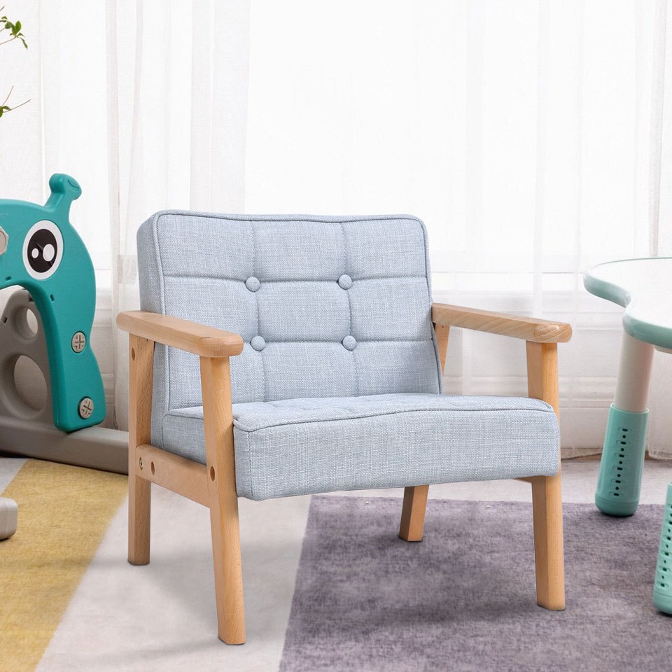 Nordic Wood Frame Linen Fabric Armchair Padded Mini Sofa Chair Children ...