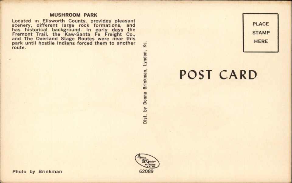 Ellsworth Co Kansas Mushroom Park rock formation tree unused vintage ...