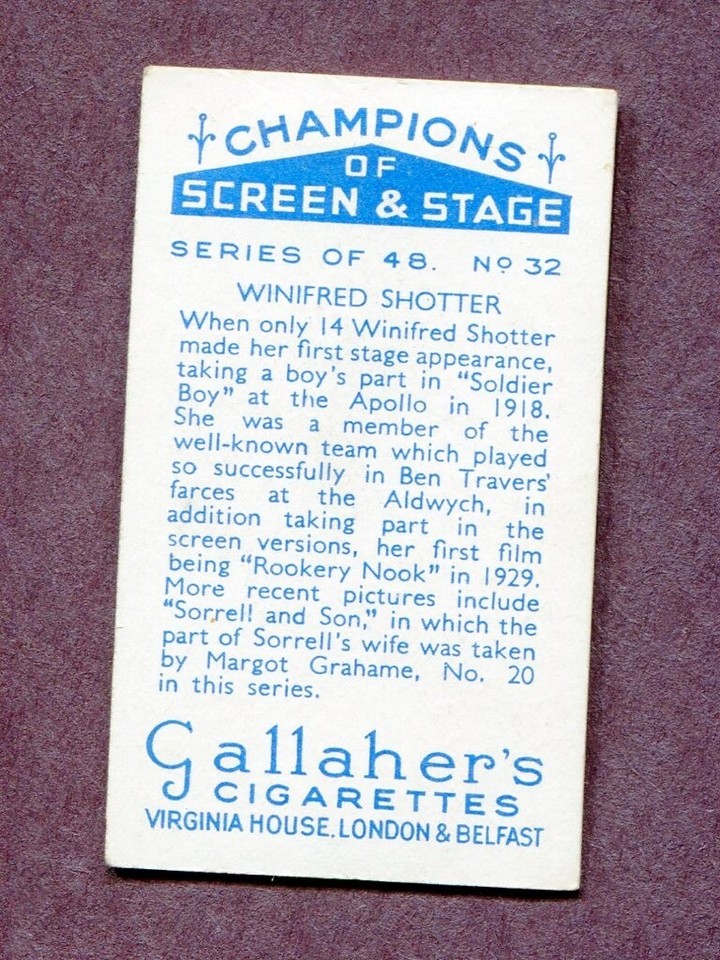 1934 GALLAHER'S CIGARETTES CHAMPIONS OF SCREEN & STAGE BLUE #32 ...