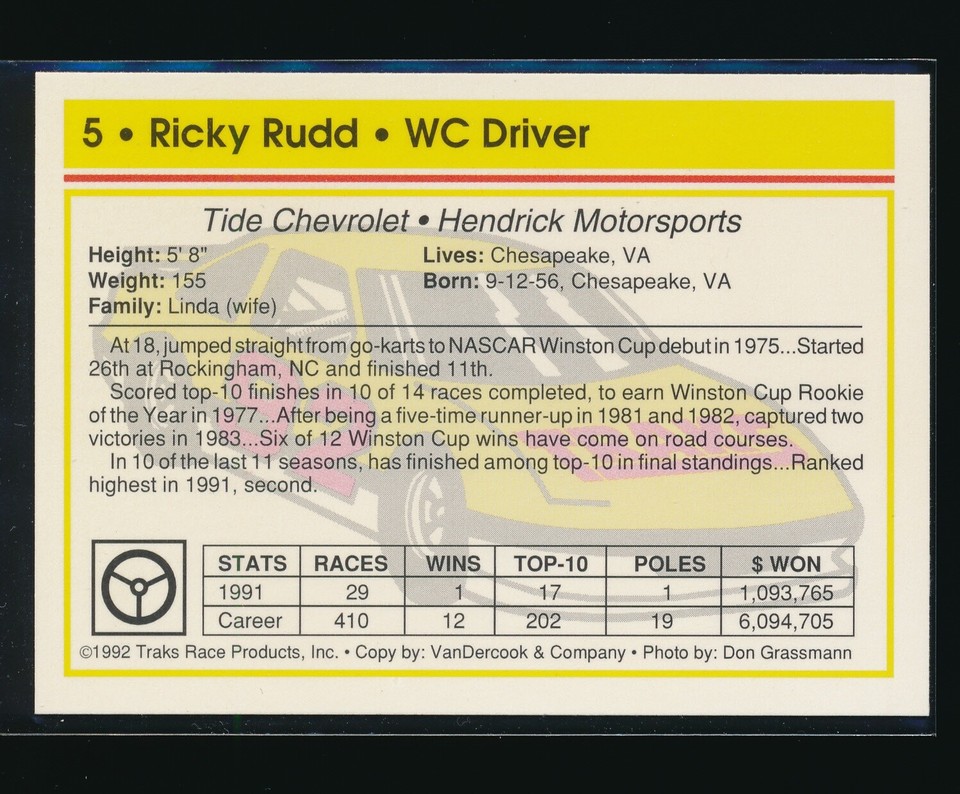 1992 Traks #5 Ricky Rudd MINT | eBay