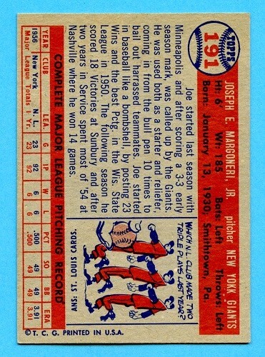 1957 TOPPS # 191 JOE MARGONERI NEW YORK GIANTS EXMT+ FREE SHIPPING | eBay