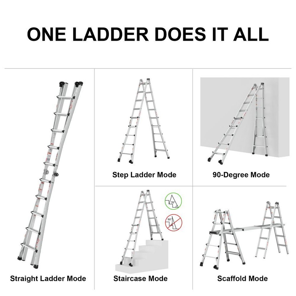 22 Ft Aluminum Adjustable Ladder Folding Extension Stepladder Multi-Use ...