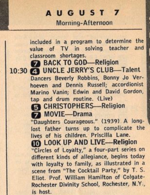 TV LISTING~UNCLE JERRY'S CLUB~BEVERLY ROBBINS~BONNY JO VERHOEVEN~MARINO ...