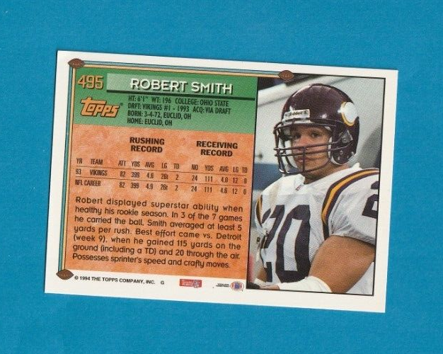 1994 Topps Football SPECIAL EFFECTS # 495 Robert Smith MINNESOTA ...
