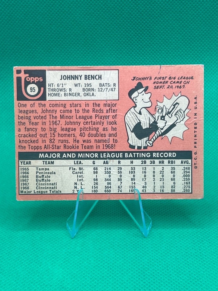 1969 topps all-star rookie baseball card #95 HOF Johnny Bench Good ...