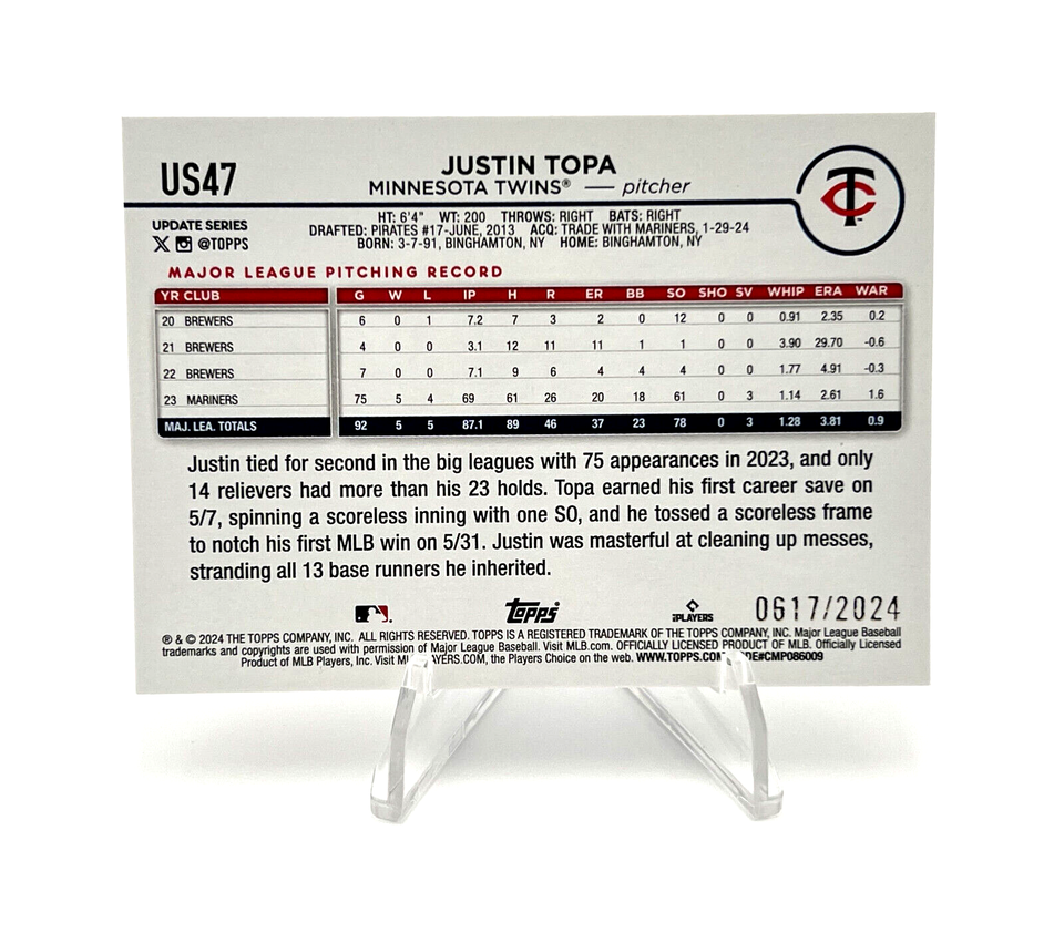 2024 Topps Update Series - Justin Topa - Gold /2024 - Minnesota Twins ...