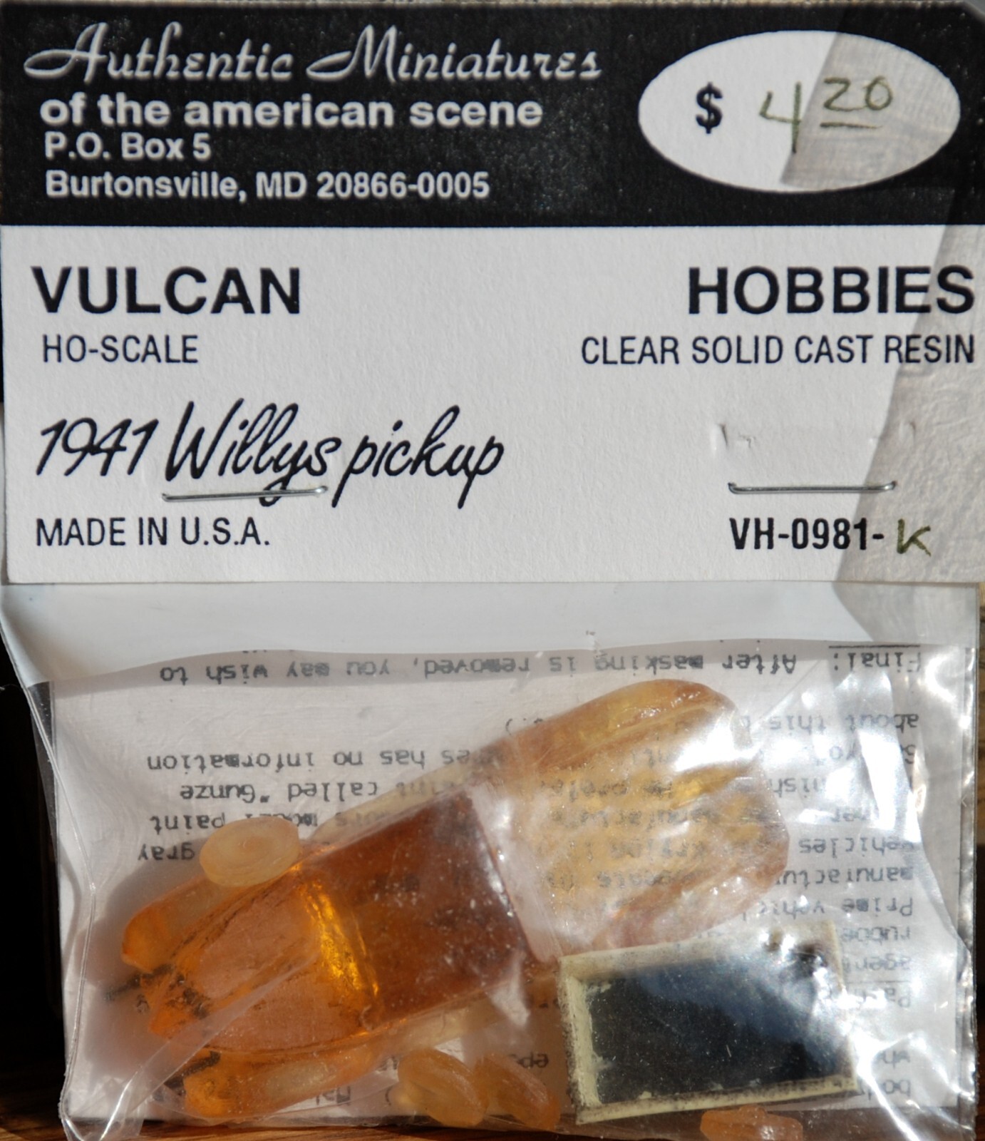 1941 Willys Pickup Vulcan Hobbies Authentic Miniatures #VH-0981 HO HOn3 ...