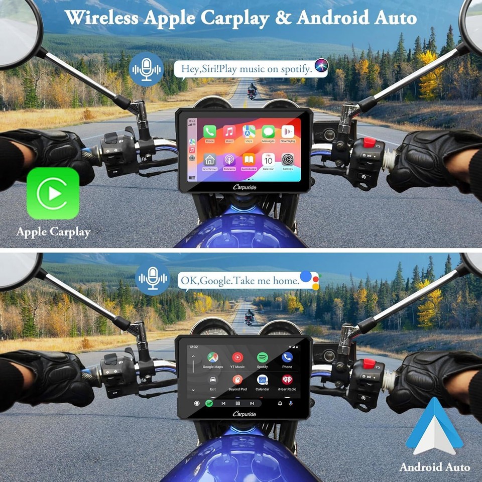 Carpuride W702 Wireless Motorcyc CarPlay Android Auto Dual Bluetooth ...