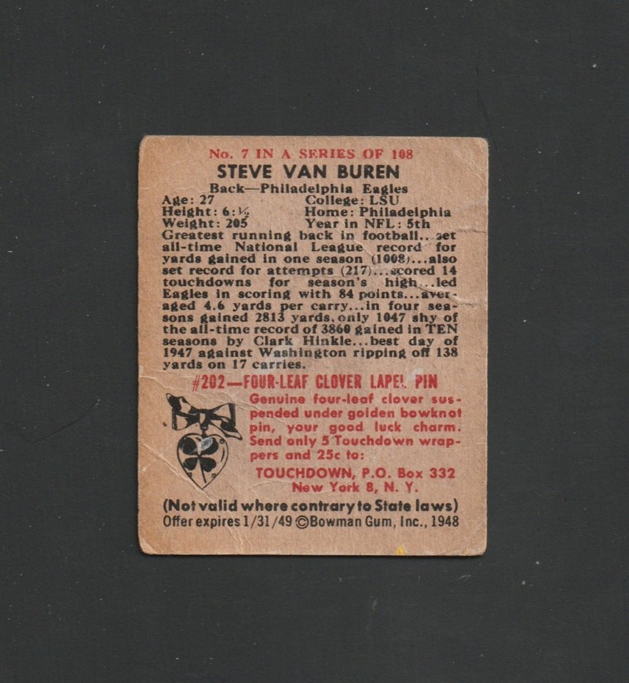 1948 Bowman Steve Van Buren RC #7 ~ Philadelphia Eagles HOF | eBay