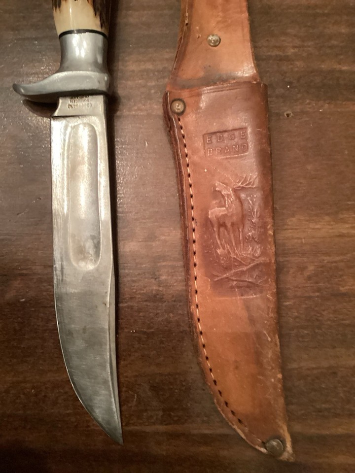 Edge Brand 055 10 1/4” Bowie Knife, Genuine Stag Handle, Leather Sheath ...
