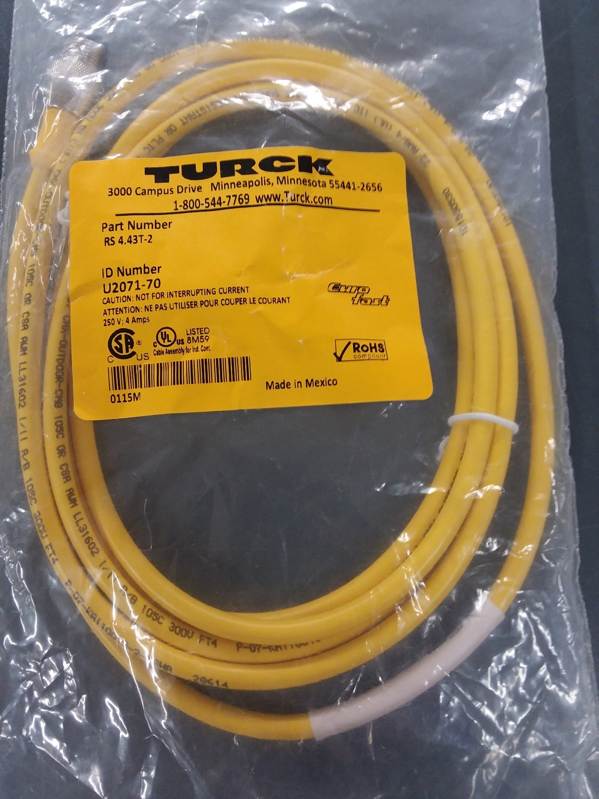 RS 4.43t-2 Turck M12 EUROFAST CORDSET Straight Male Connector W ...