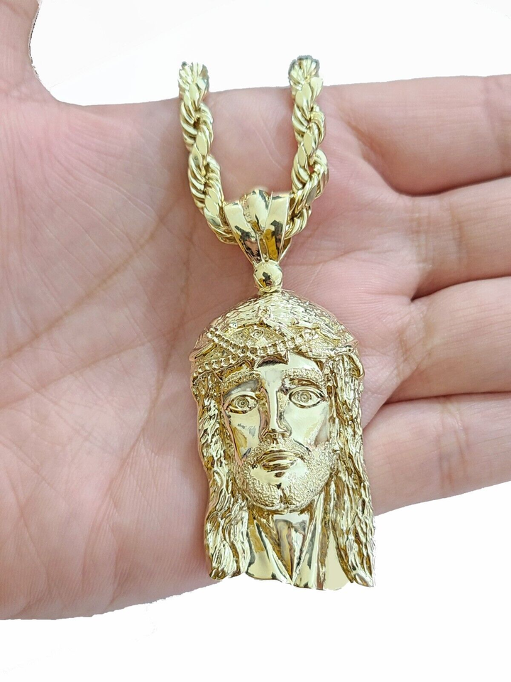 10k Gold Jesus Head Charm Rope Chain Necklace 6mm 24'' Set & Pendant ...