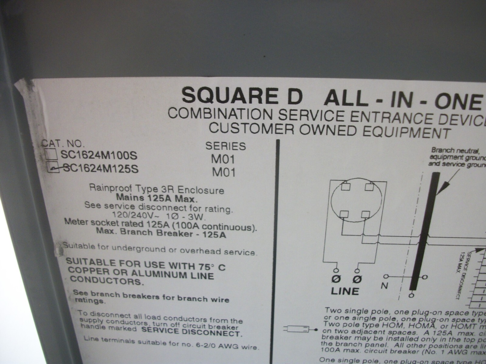 SQUARE D METER/LOAD CENTER PANELBOARD SC1624M125S 125A 120/240V 1PH ...