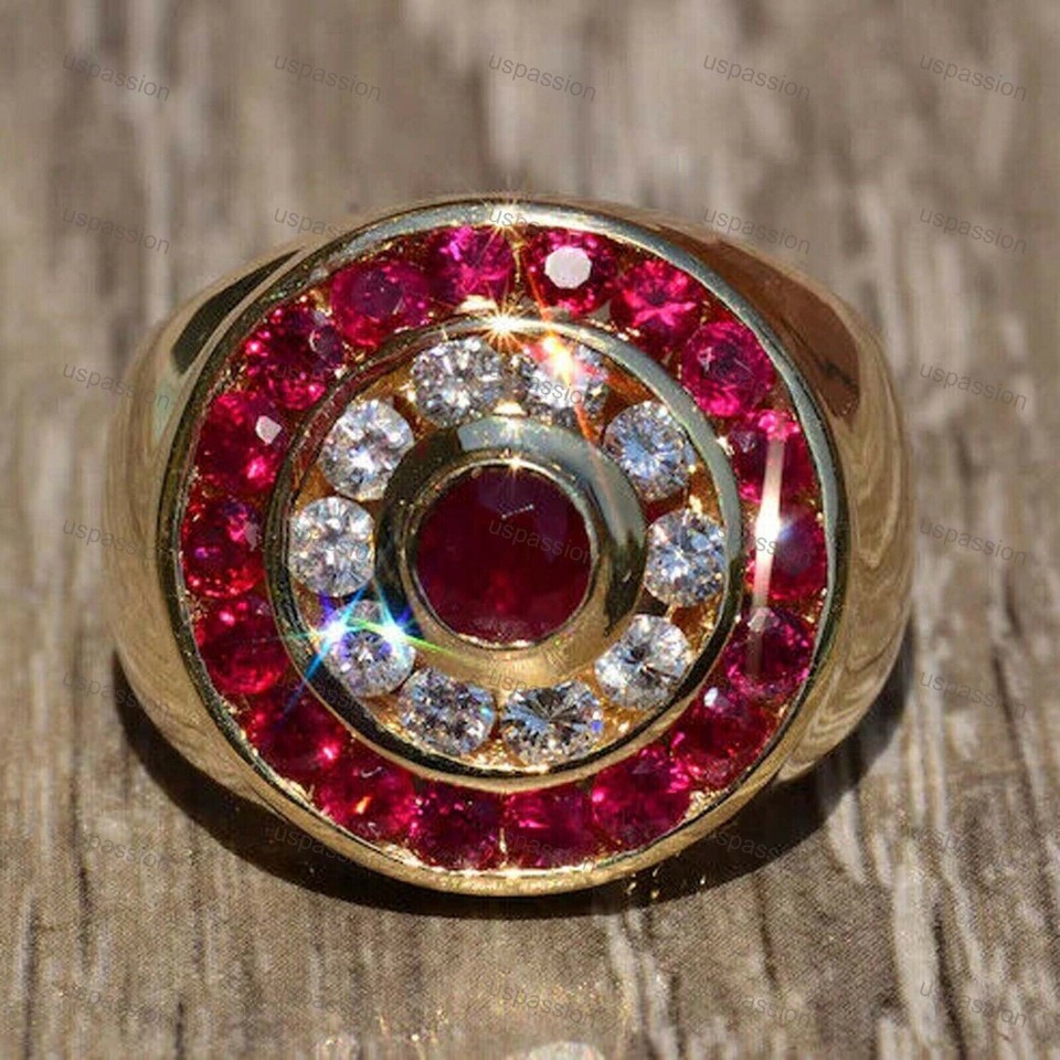 3 Ct Round Cut Simulated Ruby & Diamond Mens Ring In 14K Yellow Gold ...
