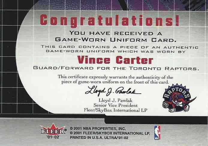 2001-02 Vince Carter Ultra ON THE ROAD Game-Worn Uniform Toronto ...