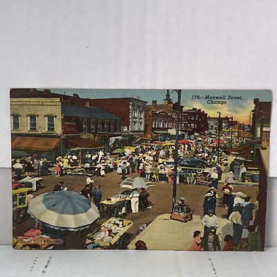 CHICAGO MAXWELL STREET GHETTO MARKET LINEN POSTCARD Roosevelt And 14th ...