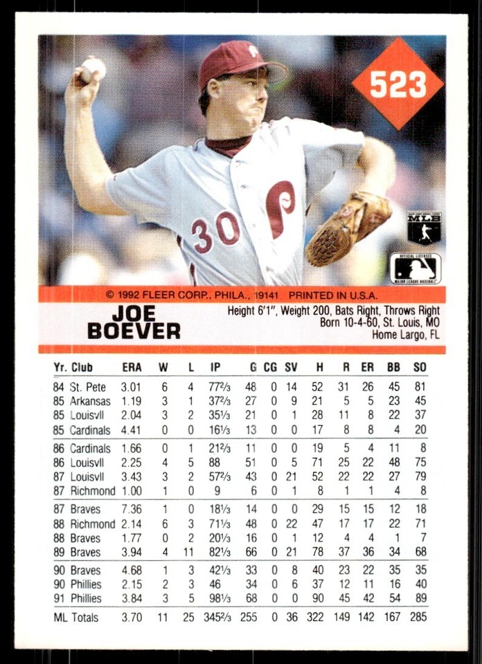 1992 Fleer Baseball Card Joe Boever Philadelphia Phillies #523 | eBay
