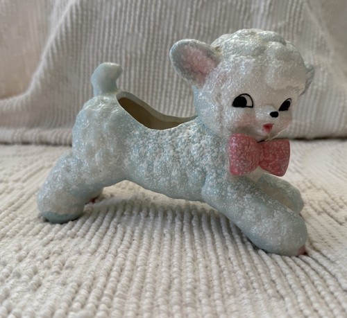 Vintage Lamb Ceramic Planter Mid Century Light Blue With Pink Bow ...