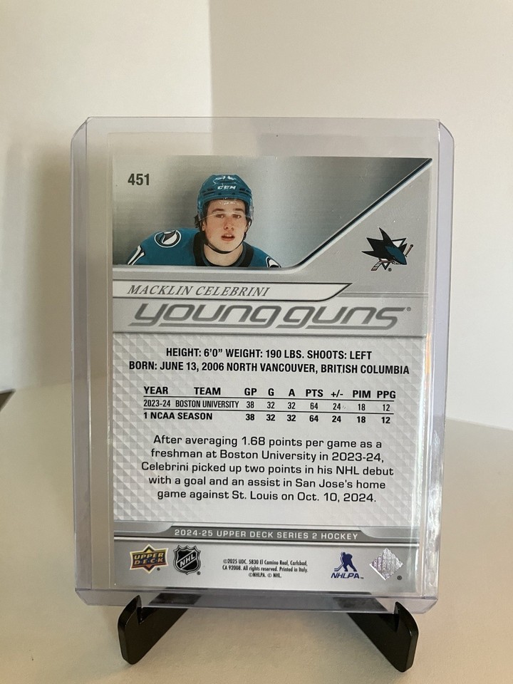 2024-25 Upper Deck Series 2 Young Guns Macklin Celebrini #451 Rookie ...