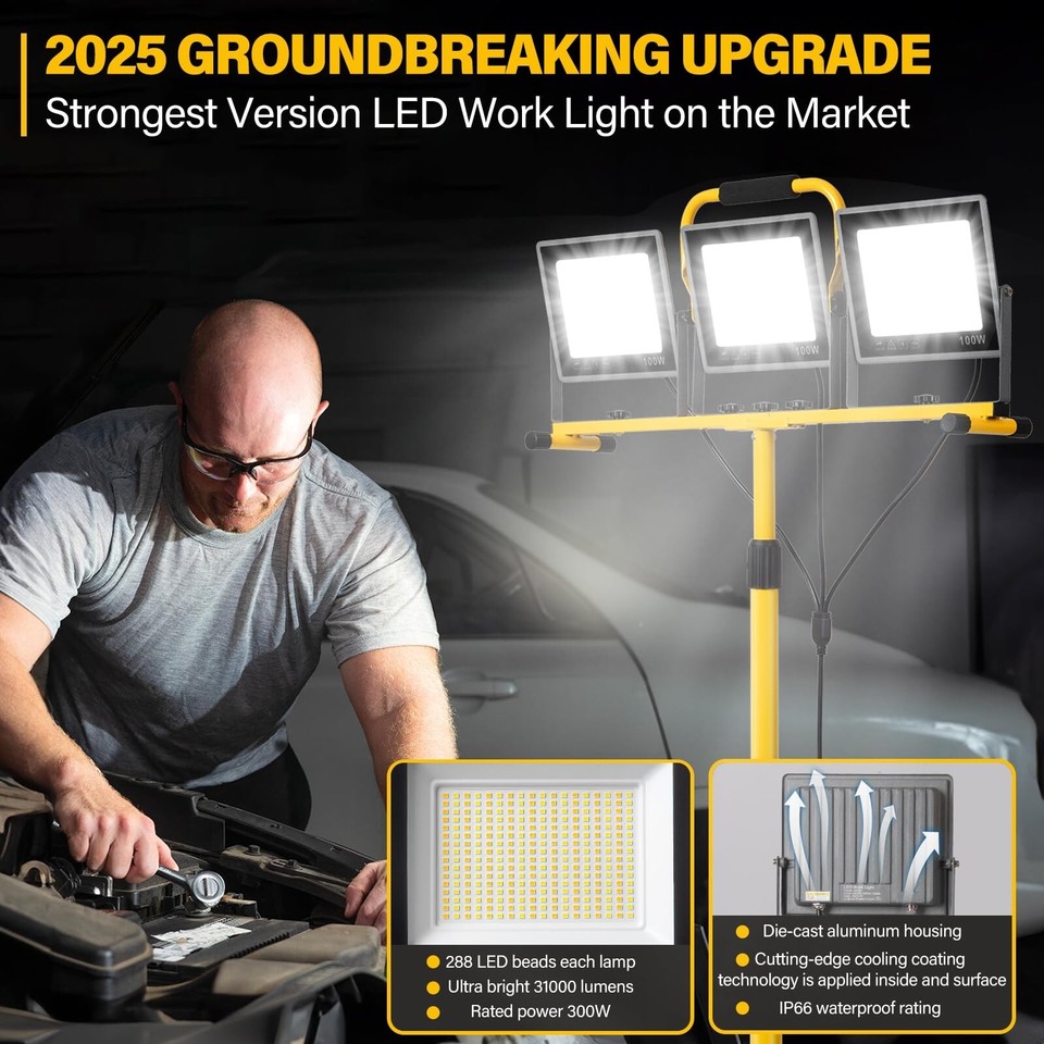 31000 Lumen LED Work Lights with Stand, Portable 3 Head Work Lights ...