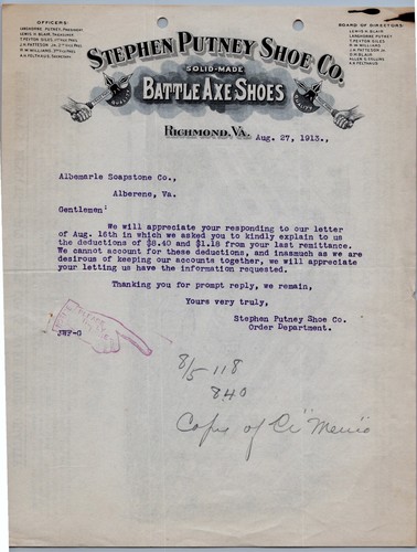 1913 Stephen Putney Shoe Co Letterhead Richmond VA Battle Axe Shoes ...