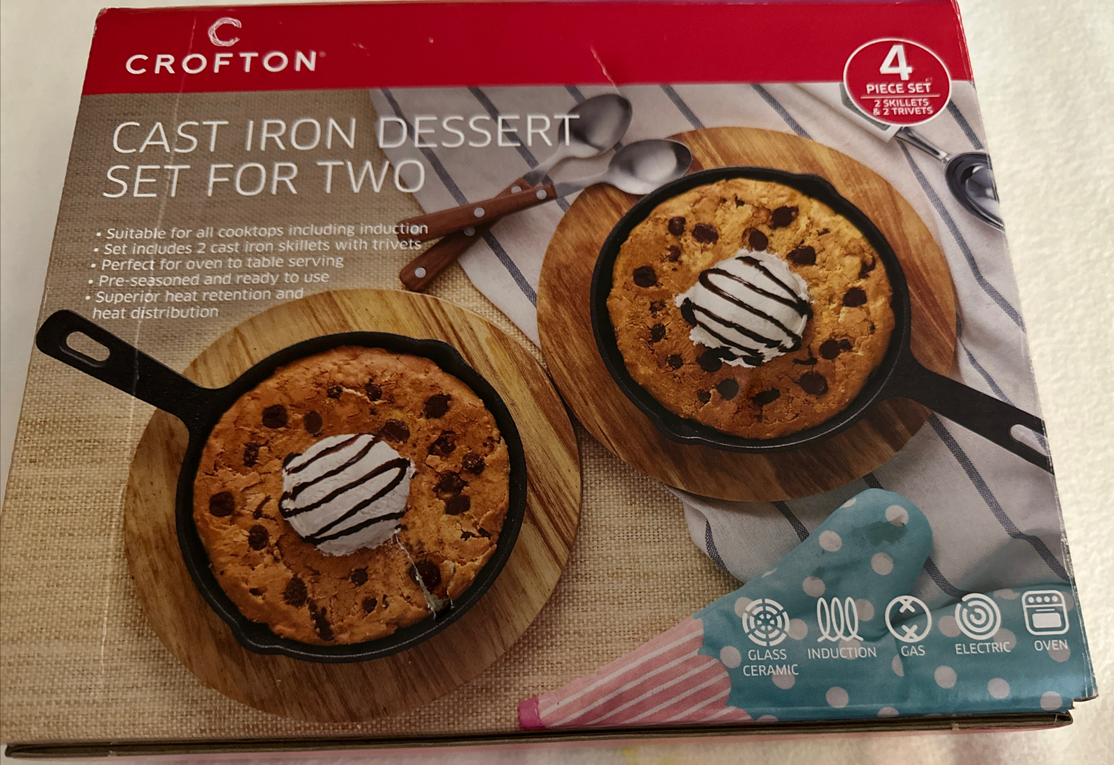 Crofton Cast Iron Dessert Skillet Set For 2 W/Wood Trivets Box for sale ...